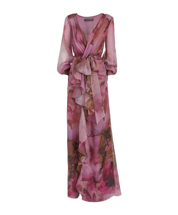 Alberta Ferretti Printed Long Sleeve V-neck Maxi Dress