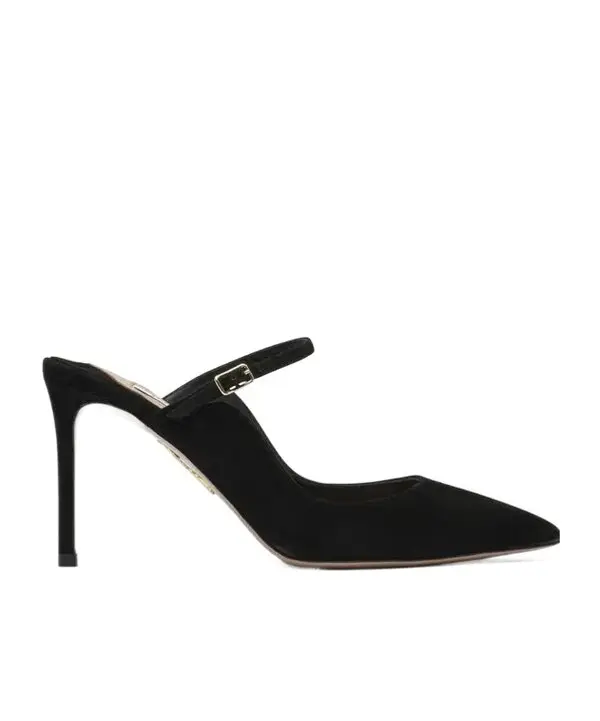 AQUAZZURA Suede Pointed Toe Stiletto Pumps With Ankle Strap - Black