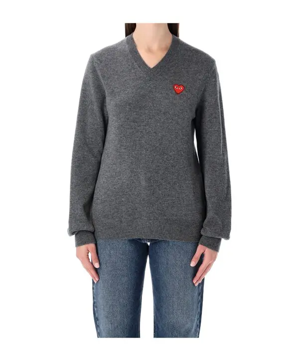 Play Comme Des Garcon V-neck Sweater With Heart Logo - Grey