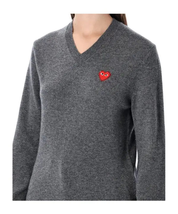 Play Comme Des Garcon V-neck Sweater With Heart Logo - Grey