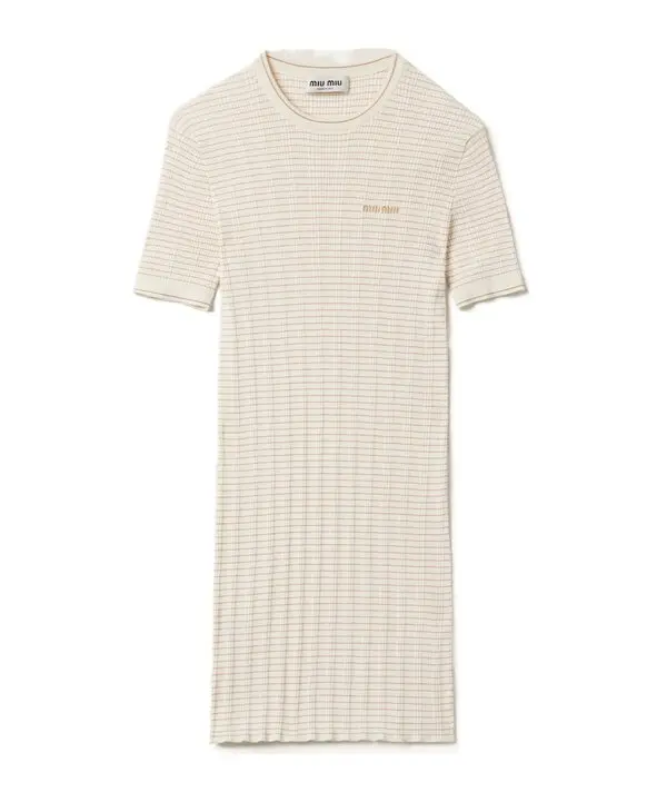 Miu Miu Ribbed Knit Short Sleeve Mini Dress - No