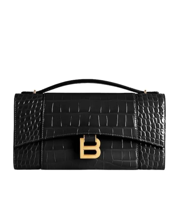 Balenciaga Hourglass Pochette Embossed Top Handle Bag - Black