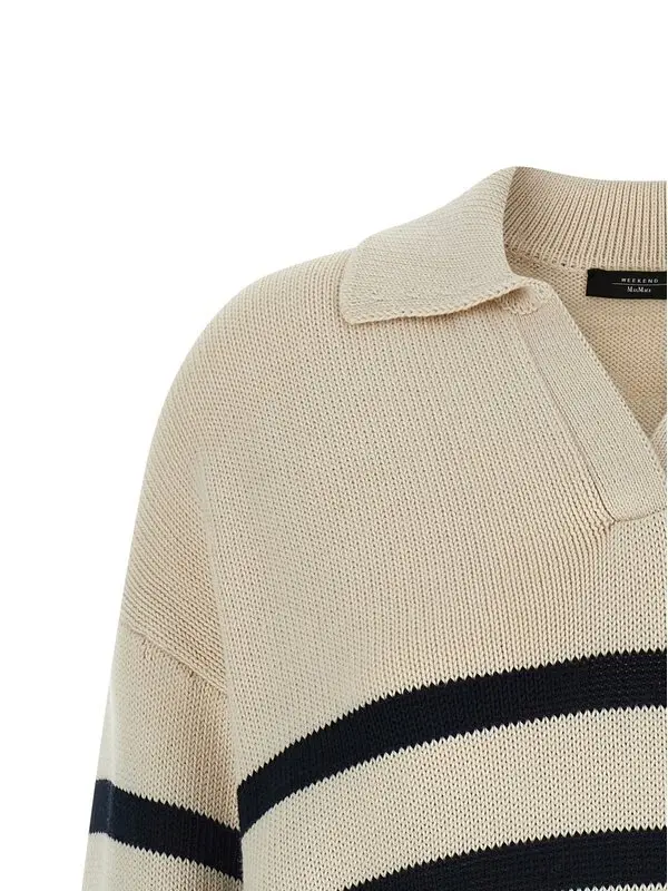 Max Mara Striped Knitted Polo Top - White Blue