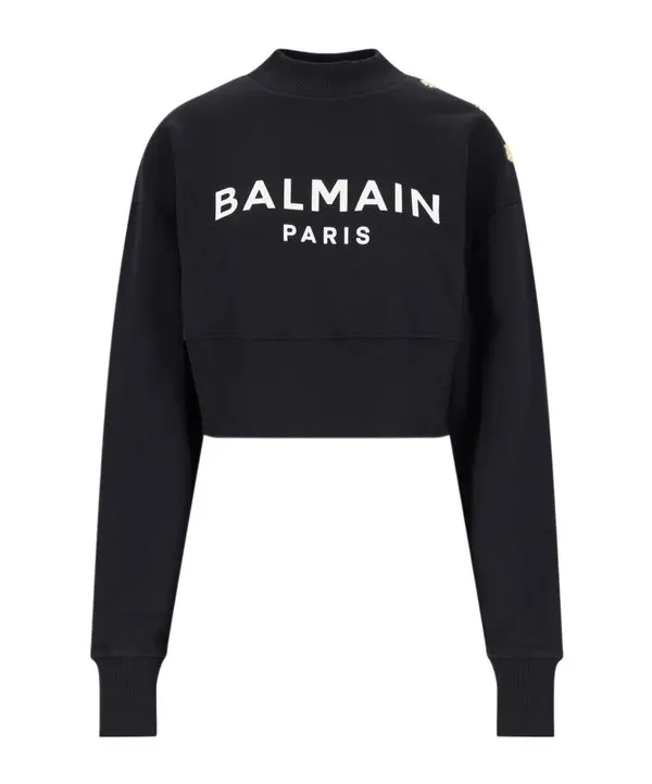 Balmain Logo Printed Crewneck Cropped Sweatshirt - Black