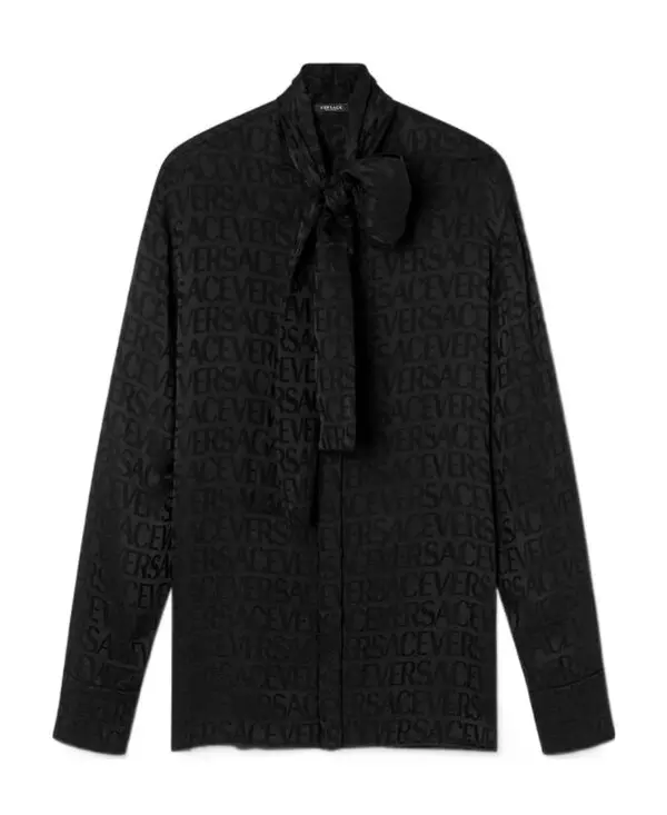 Versace Allover Logo Print Satin Shirt With Tie Neck