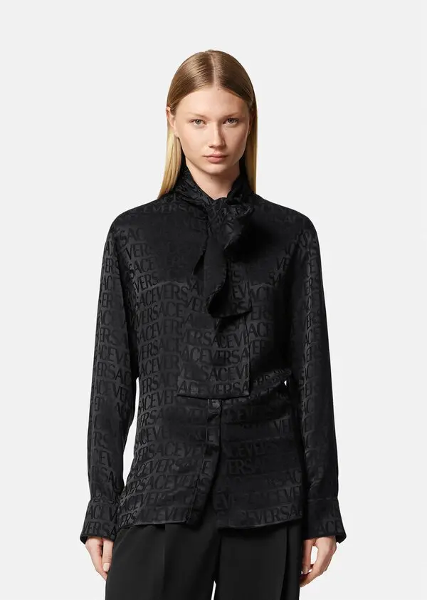 Versace Allover Logo Print Satin Shirt With Tie Neck
