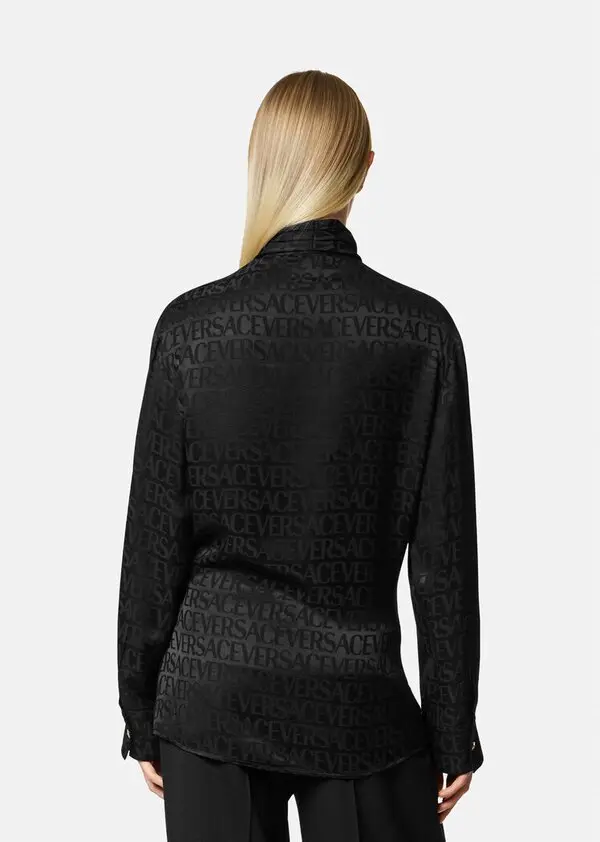 Versace Allover Logo Print Satin Shirt With Tie Neck