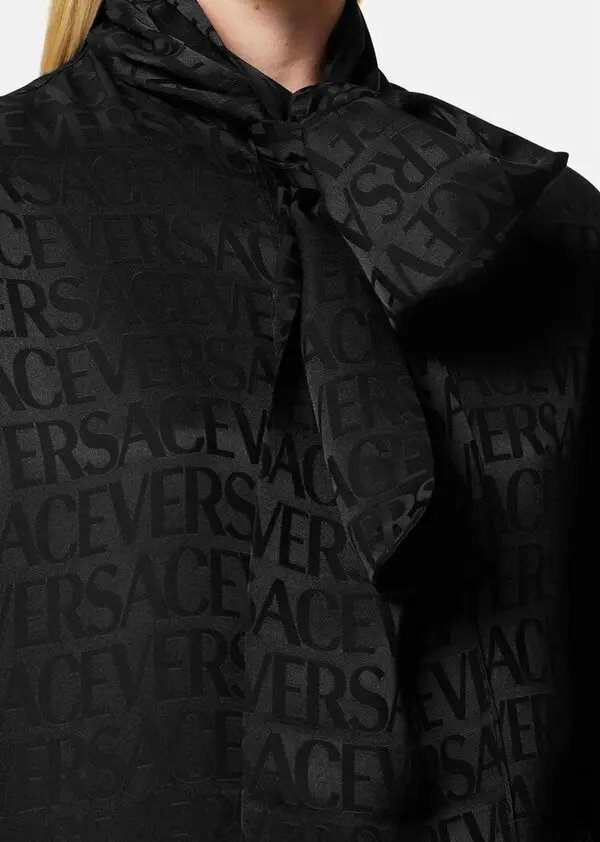 Versace Allover Logo Print Satin Shirt With Tie Neck