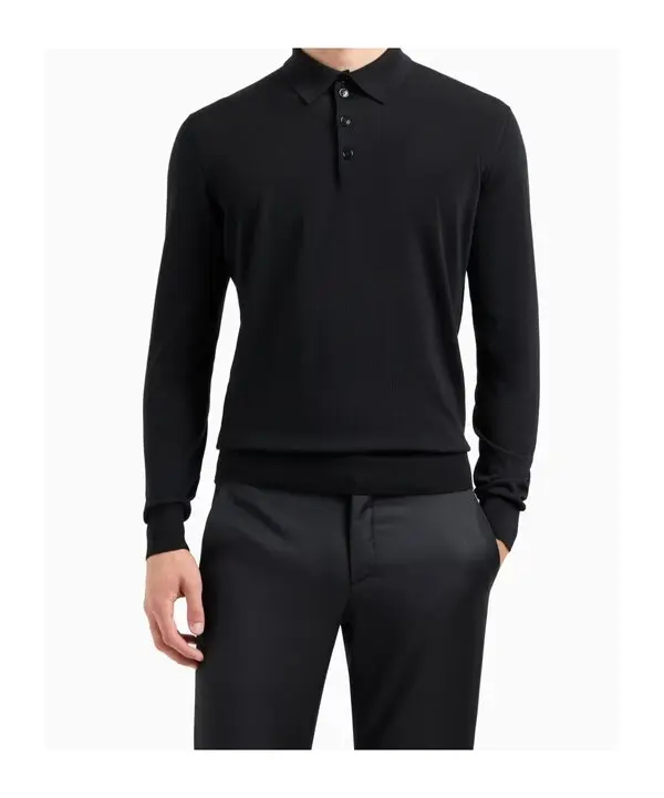 Giorgio Armani Long-sleeved Knit Polo Shirt - Black