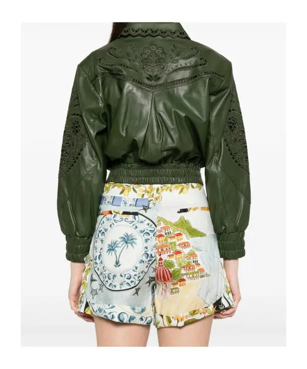 Farm Rio Richelieu Heart Embroidered Leather Zip-up Jacket