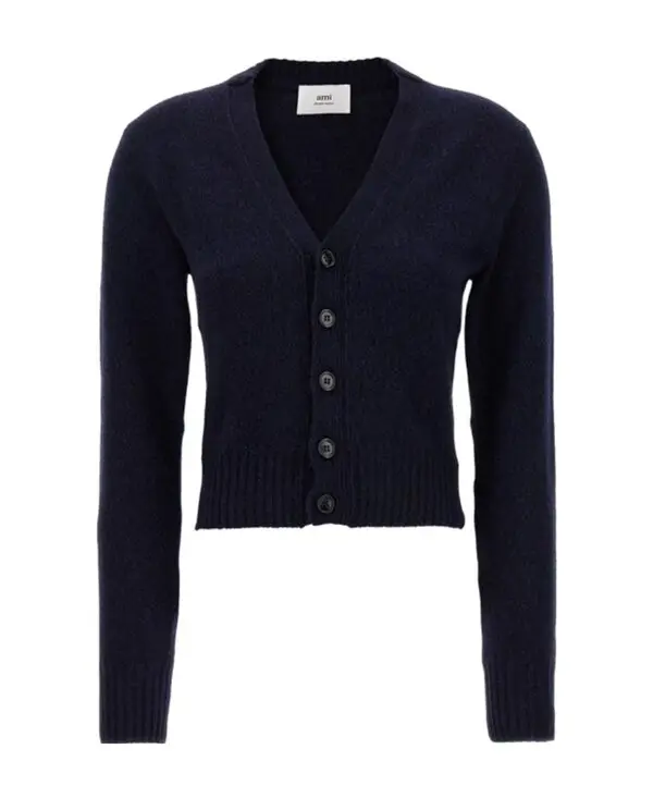 AMI Paris V-neck Knitted Cardigan With De Coeur Pattern