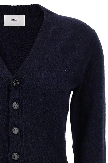 AMI Paris V-neck Knitted Cardigan With De Coeur Pattern