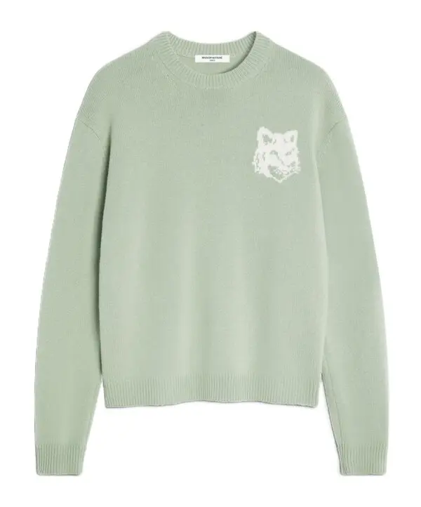 Maison Kitsuné Fox Head Crew Neck Merino Wool Sweater - Sage Green/light Brown