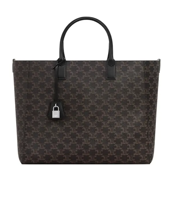 Celine Large Cabas Tote In Triomphe Canvas And Calfskin - Black