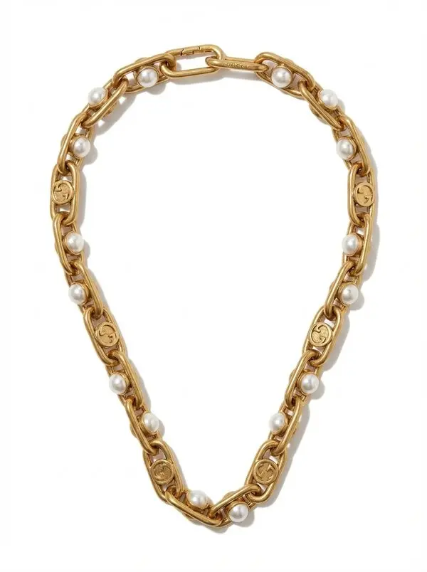 Gucci Necklace With Interlocking G And Pearls - Gold