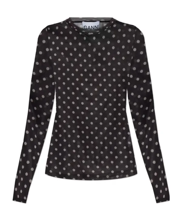 GANNI Printed Sheer Long-sleeved Top - Black