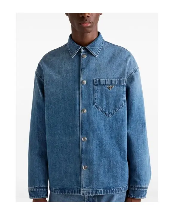 Prada Buttoned Logo Plaque Denim Shirt
