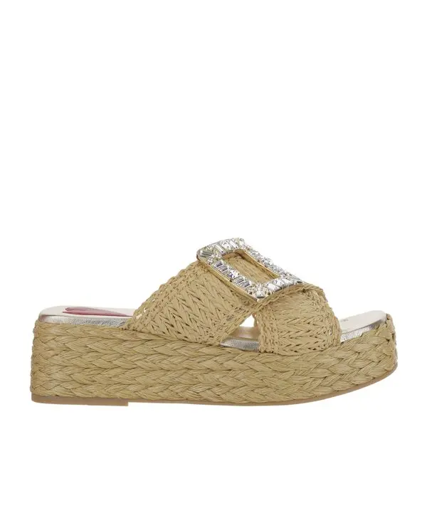 ROGER VIVIER Raffia Wedge Mules With Crystal Buckle