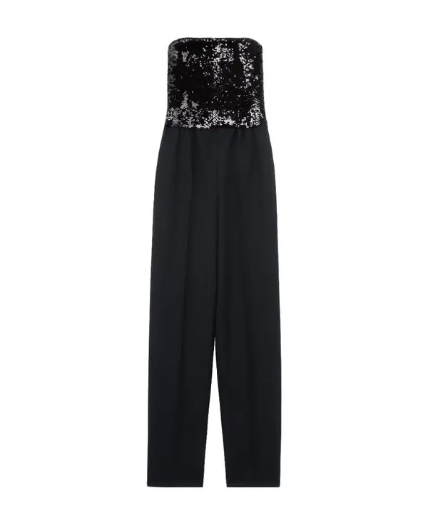 Celine Jumpsuit With Embroidered Bustier In Grain De Poudre - Black