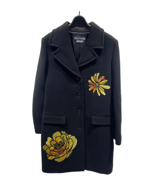 Moschino Long-sleeved Single-breasted Coat With Floral Embellishments