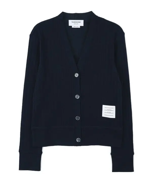 Thom Browne Wide Wool Rib V-neck Cardigan - Navy Blue