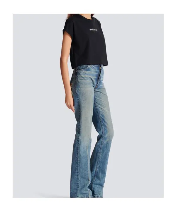 Balmain Logo Printed Cropped T-shirt - Black