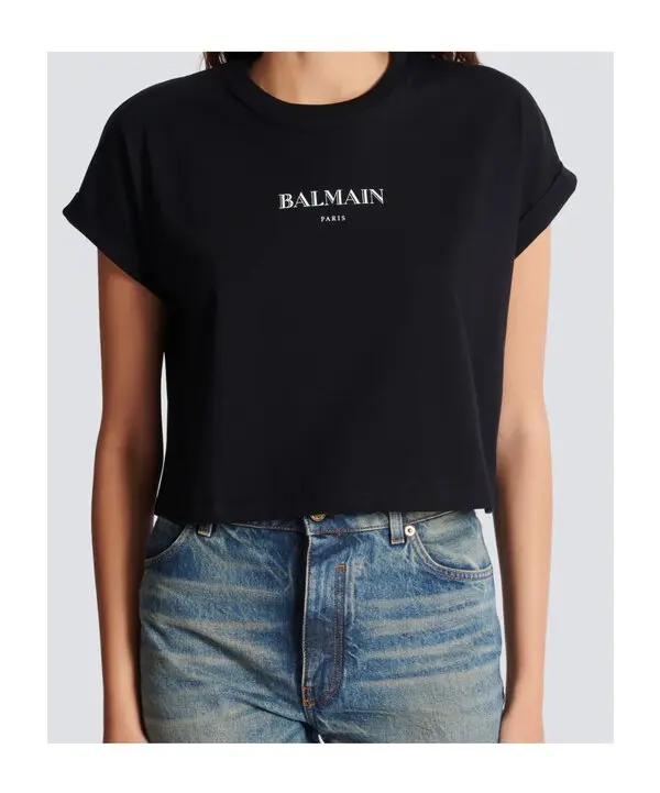 Balmain Logo Printed Cropped T-shirt - Black