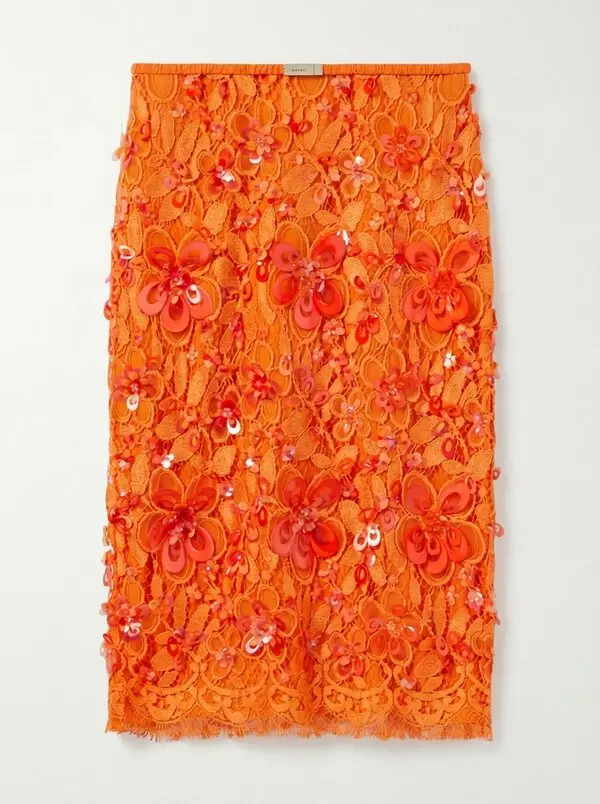 Gucci Embroidered Lace Skirt With Floral Appliqués - Orange