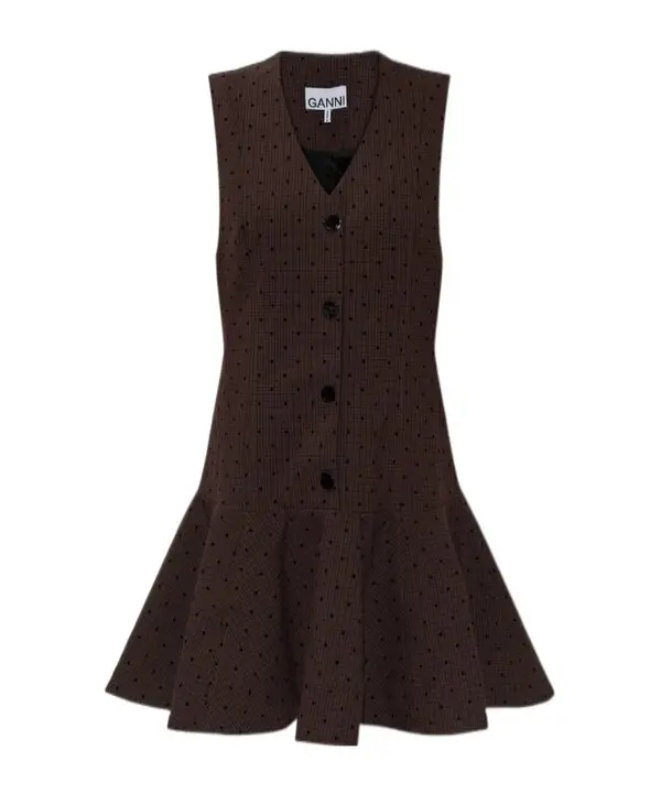 GANNI Sleeveless V-neck Flocked Check Suiting Dress With Flared Hem - Black