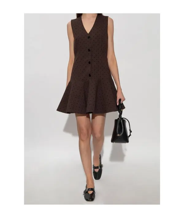 GANNI Sleeveless V-neck Flocked Check Suiting Dress With Flared Hem - Black
