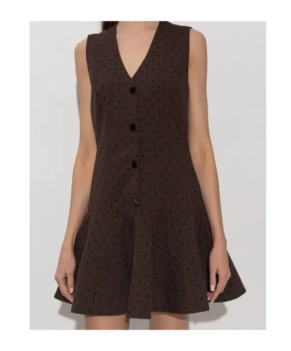 GANNI Sleeveless V-neck Flocked Check Suiting Dress With Flared Hem - Black
