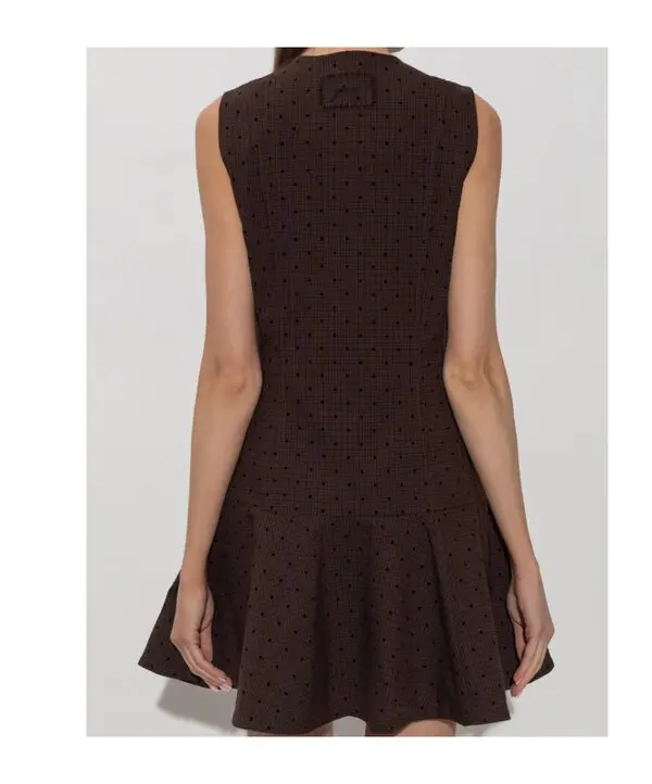 GANNI Sleeveless V-neck Flocked Check Suiting Dress With Flared Hem - Black
