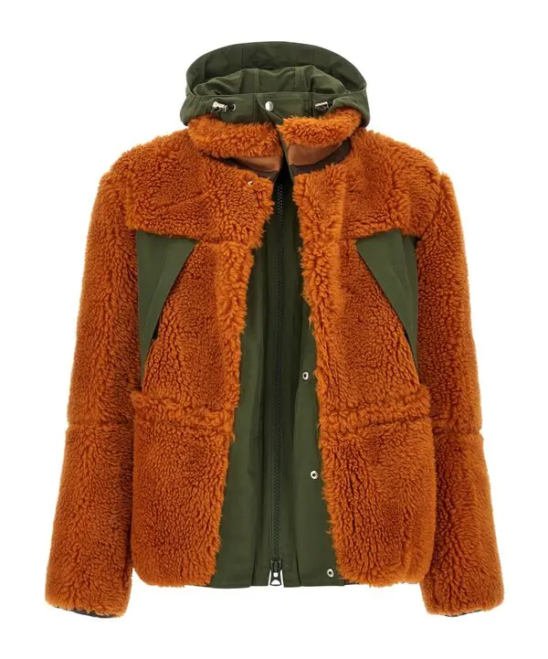 Sacai Faux Shearling Zipped Down Jacket With Drawstring Waist - Brown