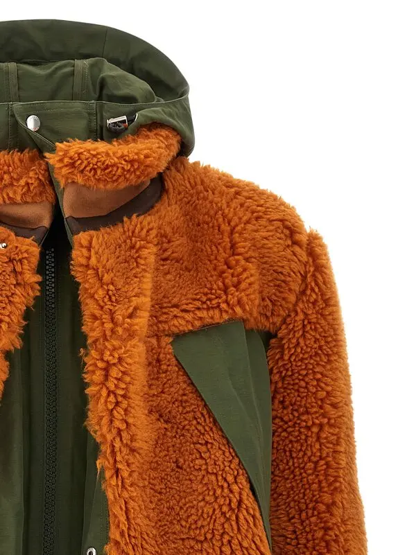 Sacai Faux Shearling Zipped Down Jacket With Drawstring Waist - Brown