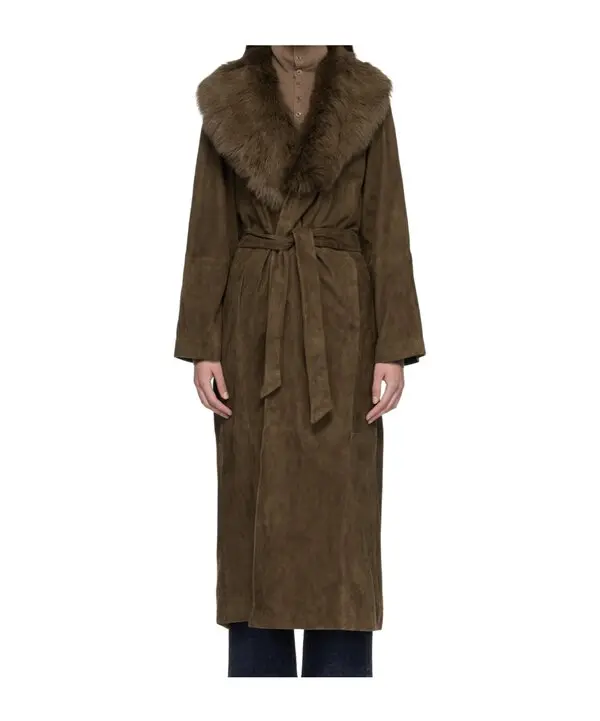 Nour Hammour Khaki Briona Luxurious Suede Coat - Green