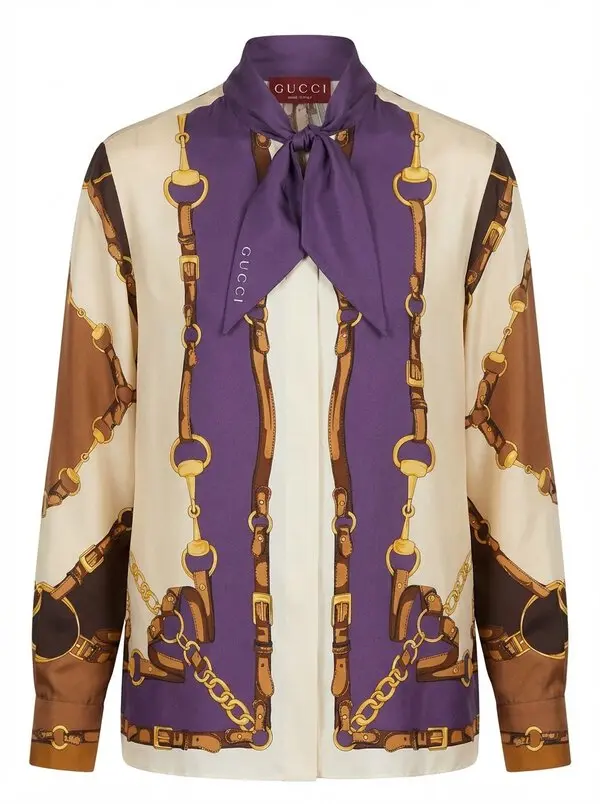 Gucci Printed Silk Twill Shirt With Self-tie Neck Bow - Brown