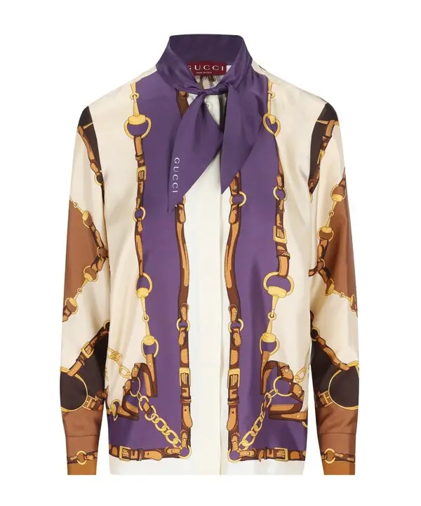 Gucci Printed Silk Twill Shirt With Self-tie Neck Bow - Brown