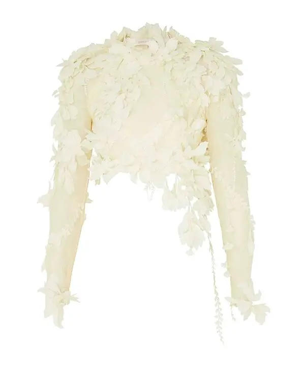 Zimmermann Long Sleeve Floral Embellished Cropped Top - White