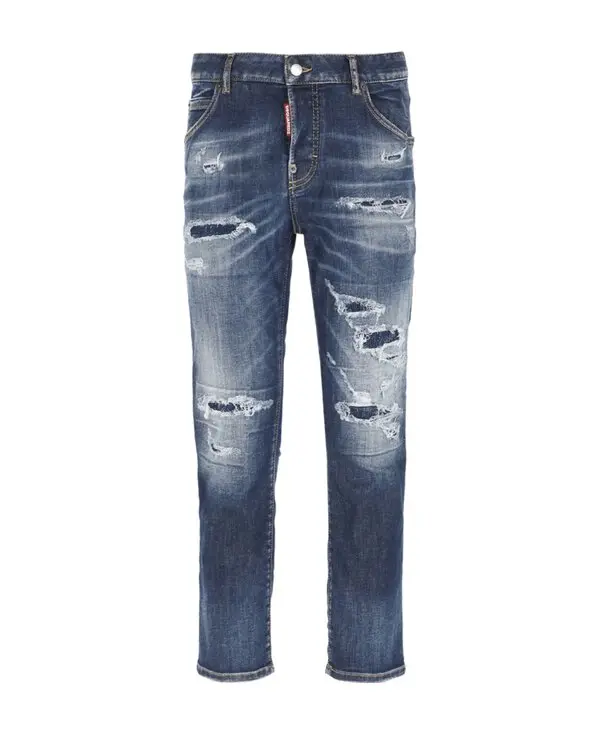 Dsquared2 Logo Patch Distressed Cropped Jeans - Blue