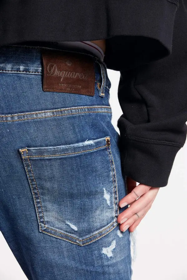 Dsquared2 Logo Patch Distressed Cropped Jeans - Blue