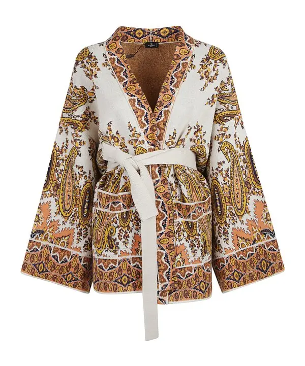 Etro Long-sleeved Knitted Cardigan With Belt - Beige Fantasia