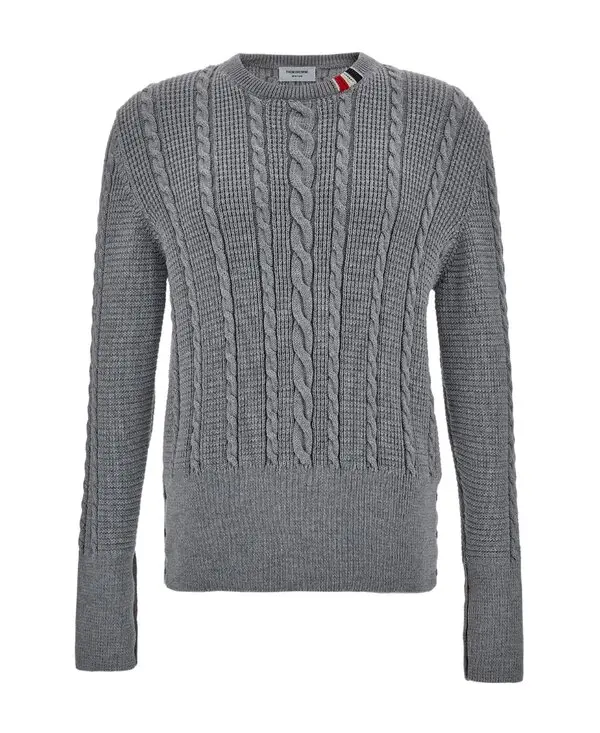 Thom Browne Rwb-striped Cable-knitted Crewneck Jumper - Light Gray
