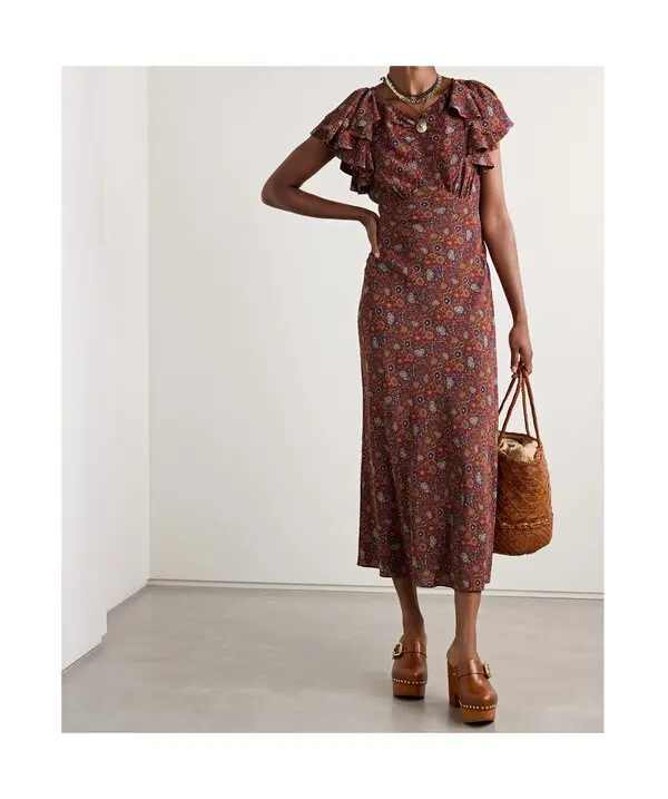 DÔEN Ruffled Floral Print Midi Dress