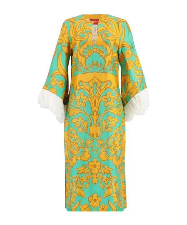 La DoubleJ Feather-trim Silk Kaftan - Green