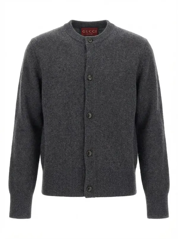 Gucci Cashmere Knit Cardigan With Embossed Interlocking G Logo - Dark Gray