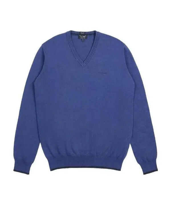 Emporio Armani V-neck Pullover With Logo And Ribbed Hem - Blue