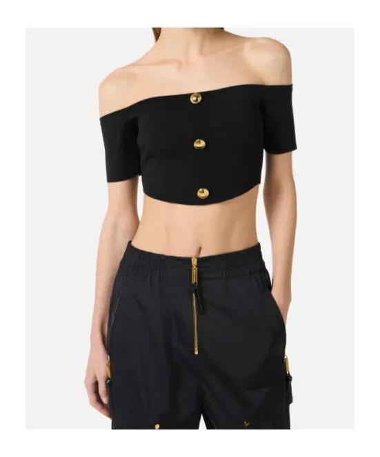 Elisabetta Franchi Off-the-shoulder Cropped Knit Top With Gold Buttons