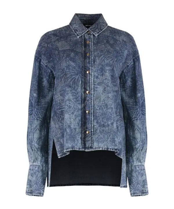 Just Cavalli Buttoned Denim Shirt With Printed Sleeves - Blue