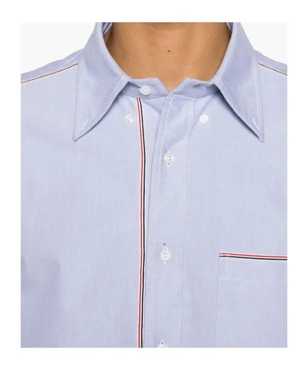 Thom Browne Rwb-trim Curved Hem Shirt - Light Blue
