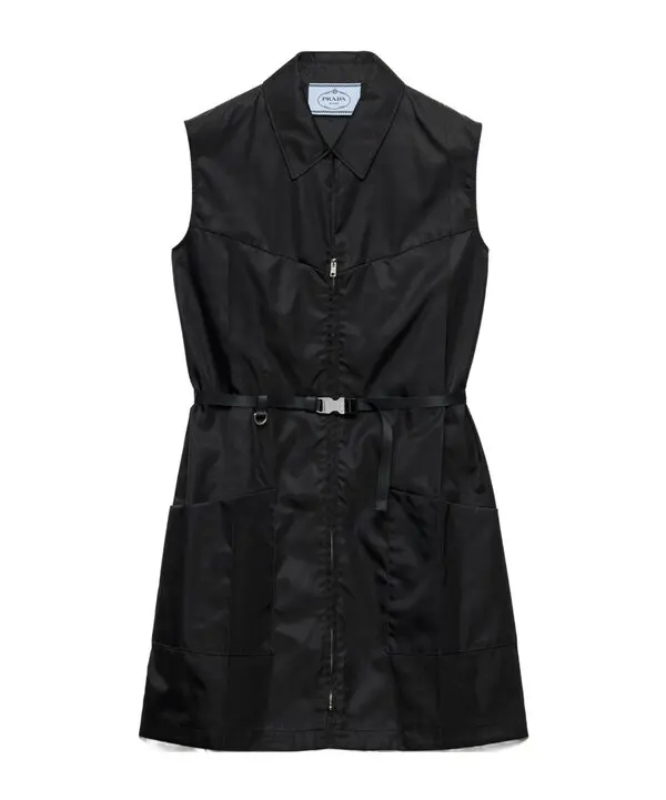 Prada Sleeveless Belted Dress With Front Zipper And Patch Pockets - Black